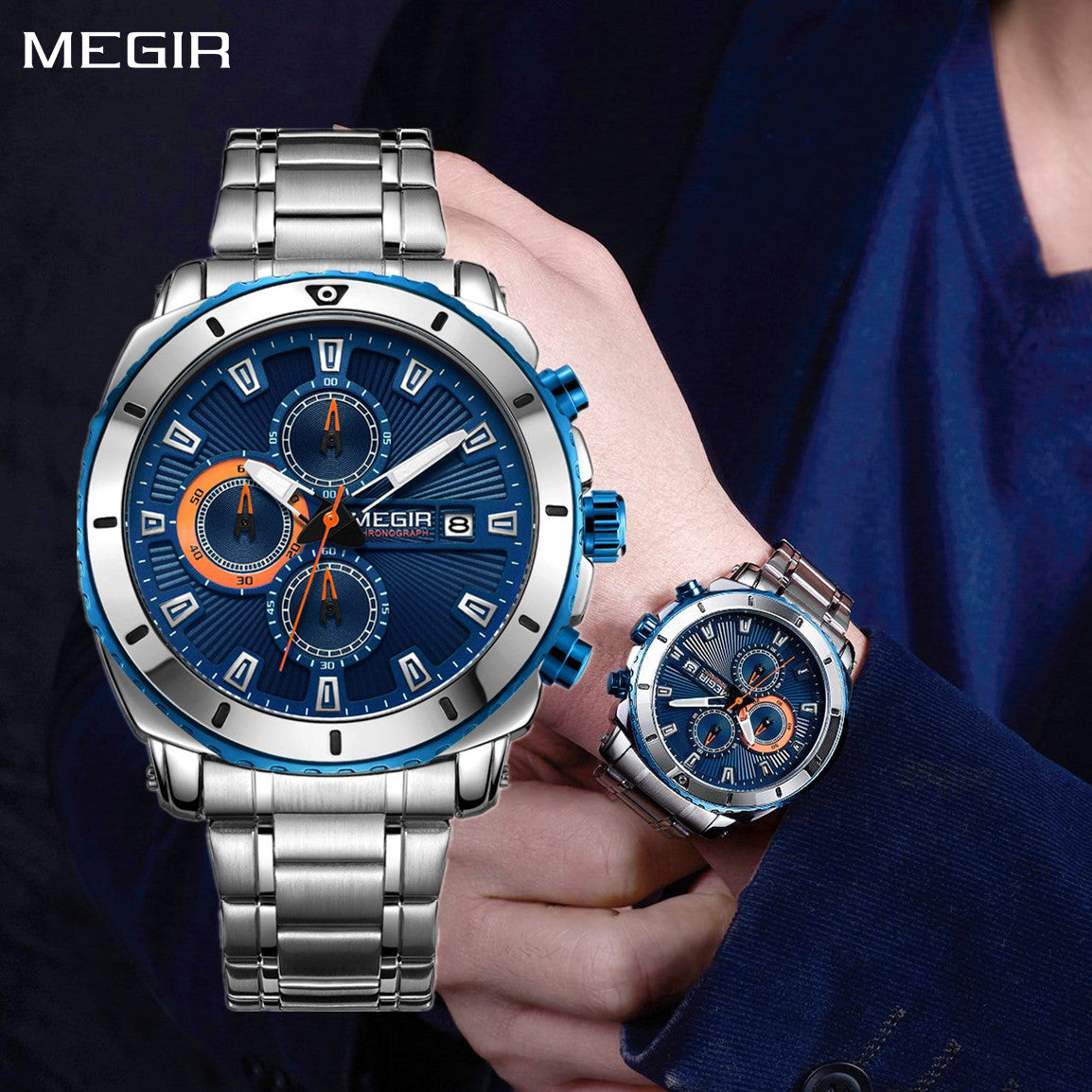 MEGIR Chronograph Quartz Men Watch Luxury Brand Stainless Steel Busine ...